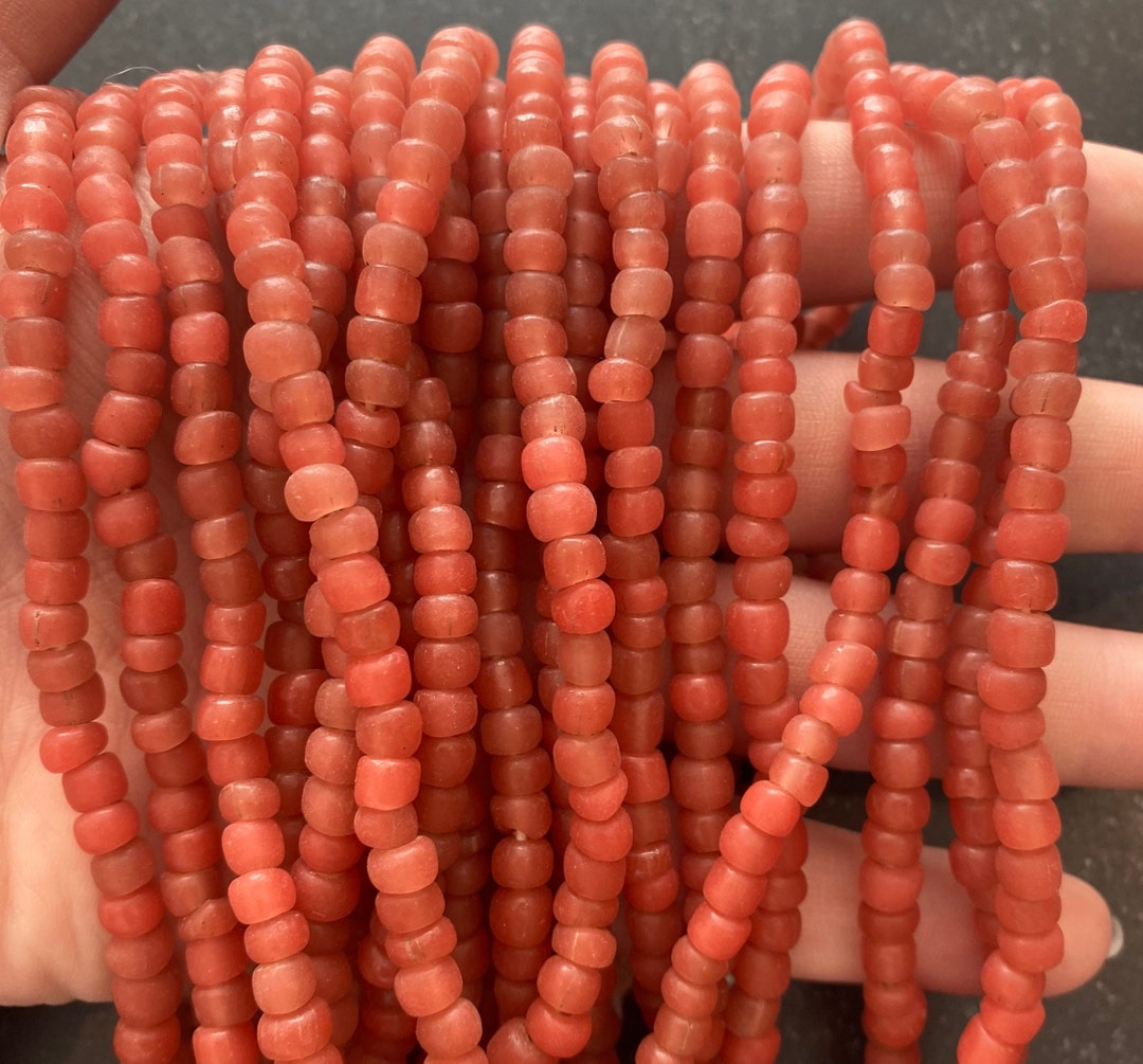4mm X 5mm Indonesian Deep Coral Color Seed Style Glass Beads Artisan ...