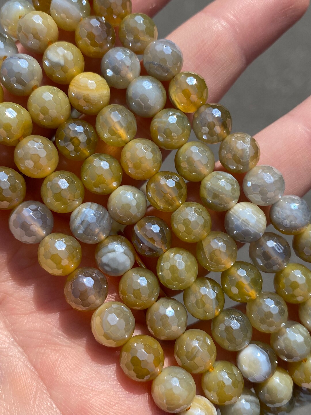 8mm Mystic Coated Yellow Banded Agate Micro Faceted Beads - Stone Bead ...