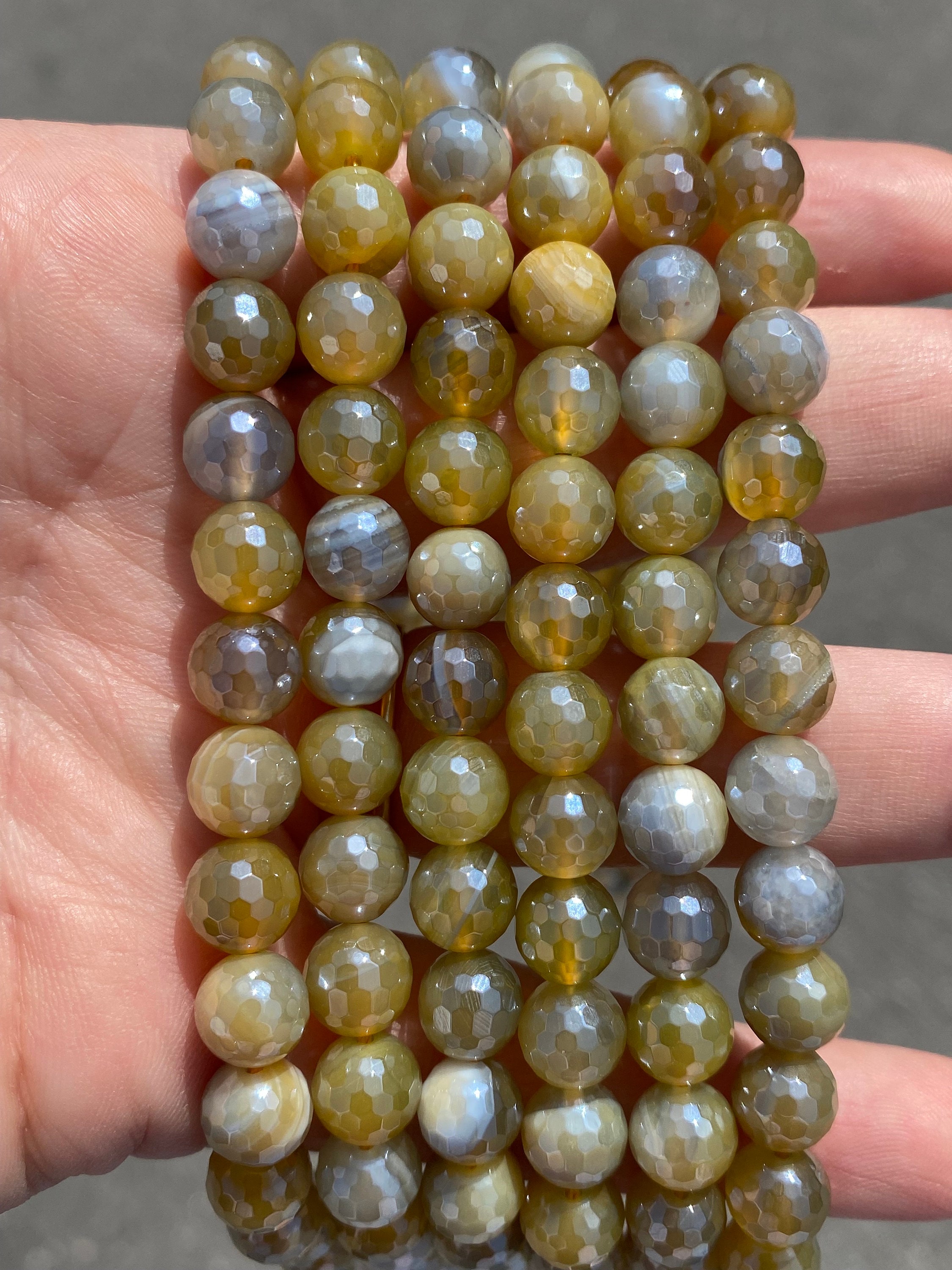 8mm Mystic Coated Yellow Banded Agate Micro Faceted Beads - Stone Bead ...