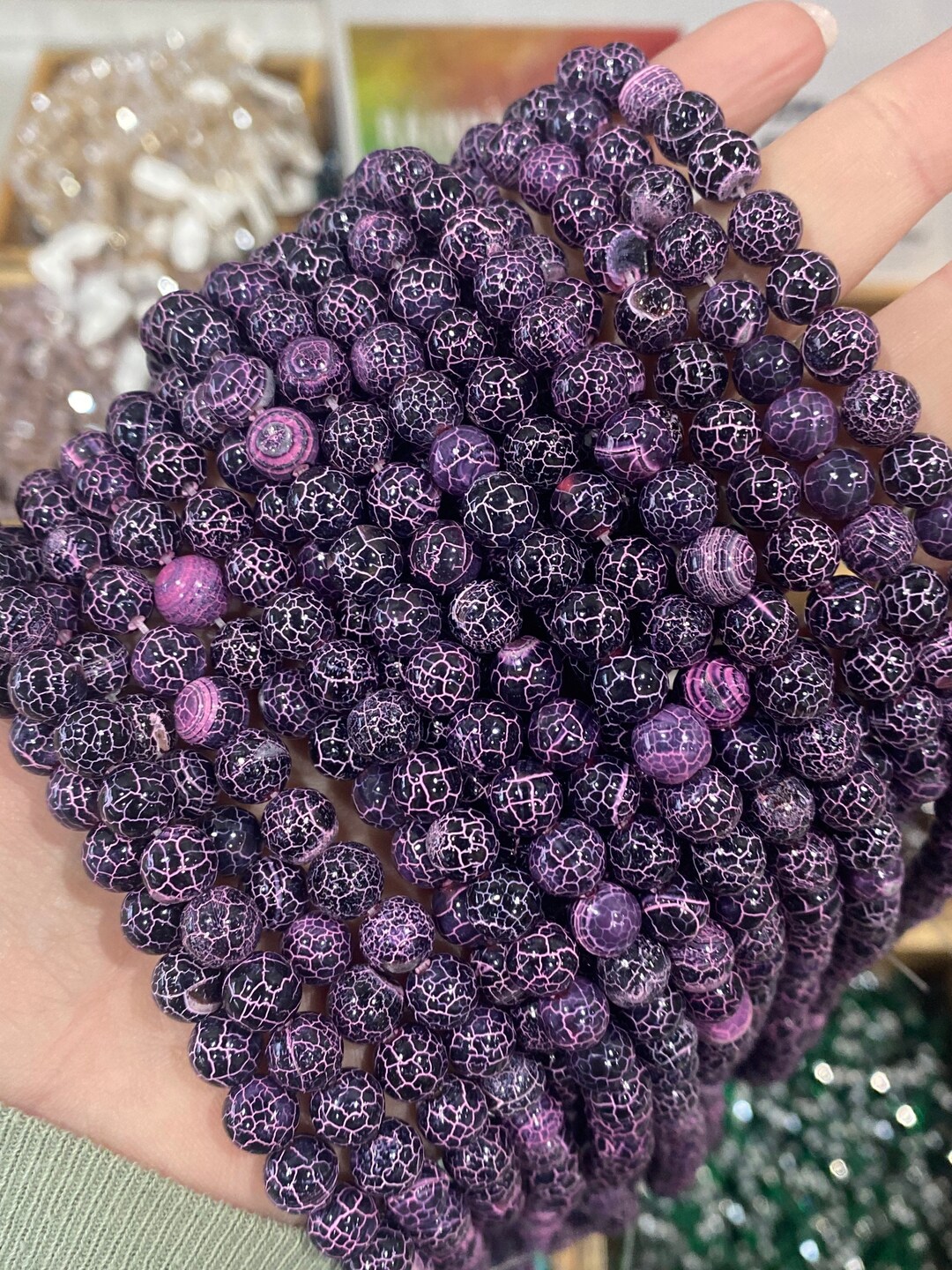 Pink Black Cracked Fire Agate Stone Beads 8mm Full Strand 45 Beads 15 ...