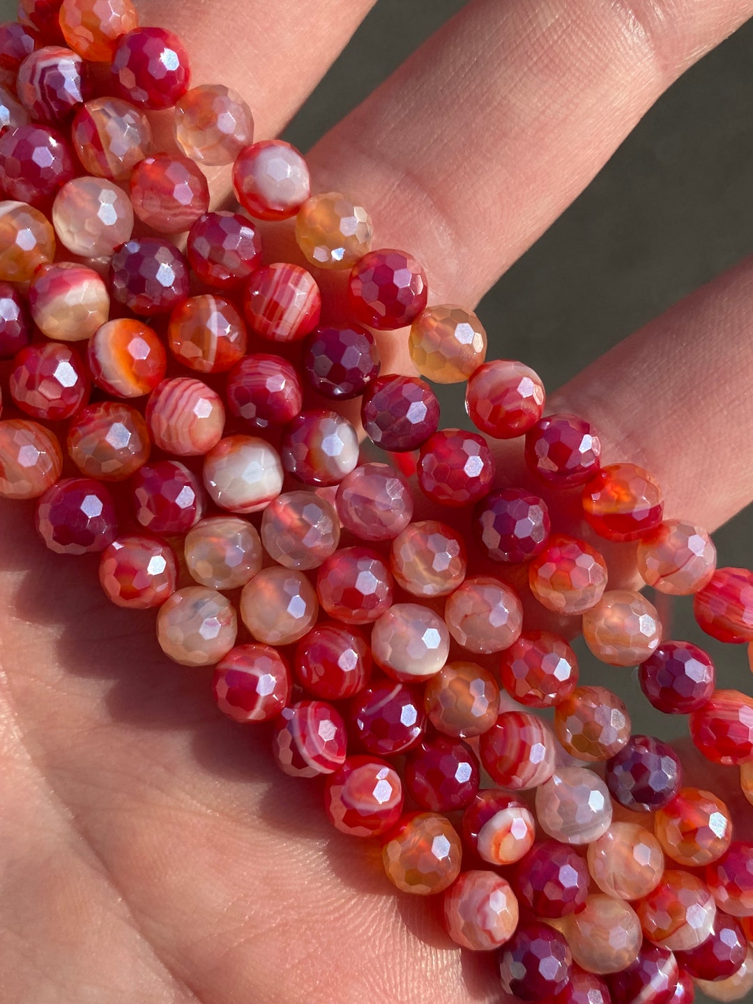 6mm Mystic Silver Coated Red Banded Agate Micro Faceted Beads - Stone ...