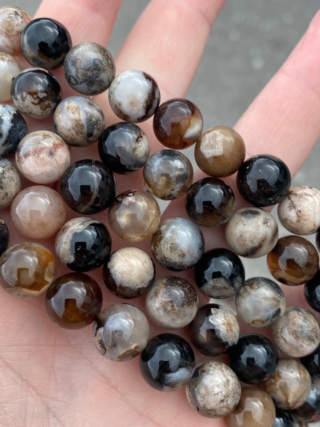 10mm Polished Black Flower Agate Beads Natural Stone Full Strand 15 - Etsy