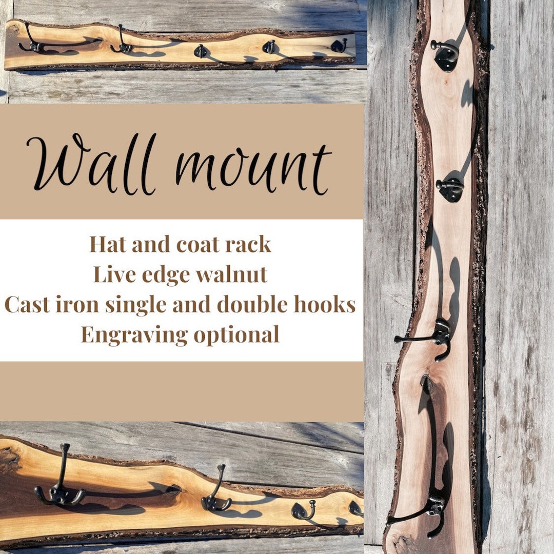Wall Mount Coat, Hat Rack Created With Live Edge Walnut Wood and Cast ...