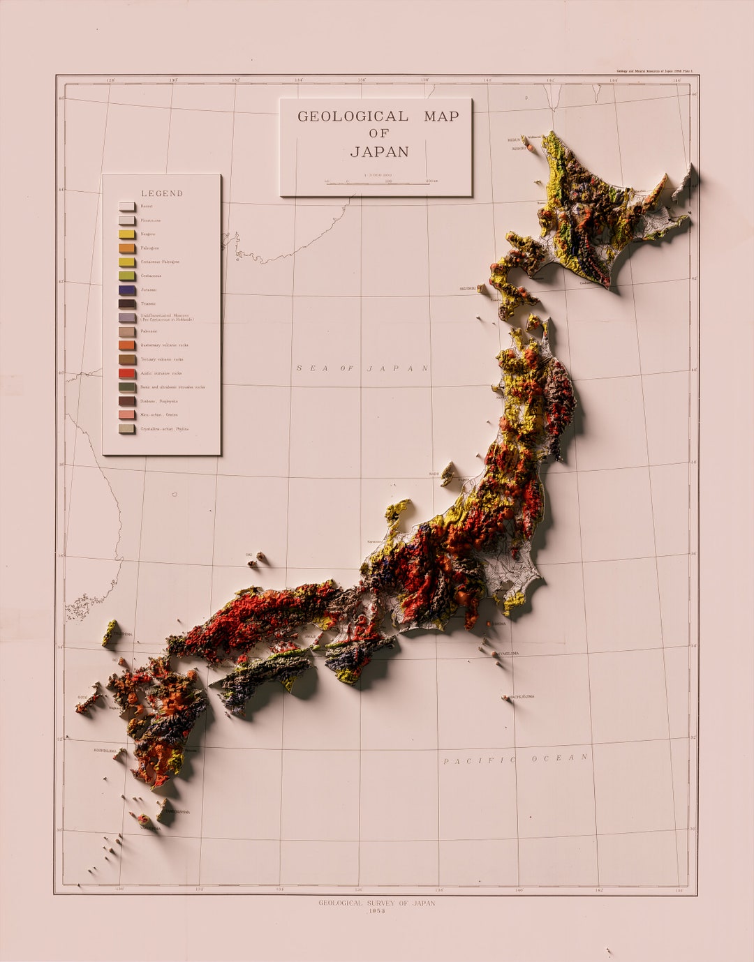 Japan 3D Geologic Map Poster - Etsy