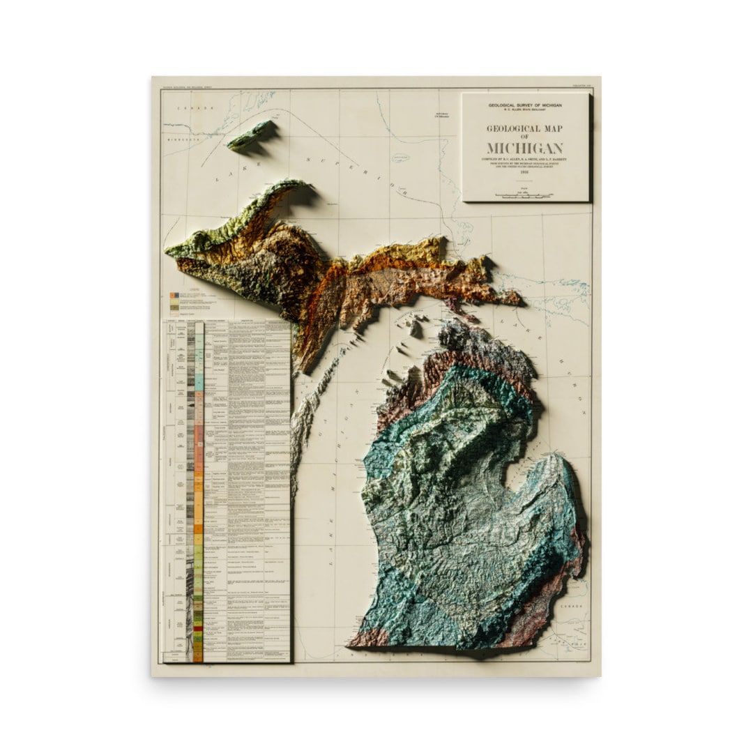 18x24 1916 3D Geologic Map of Michigan - Etsy