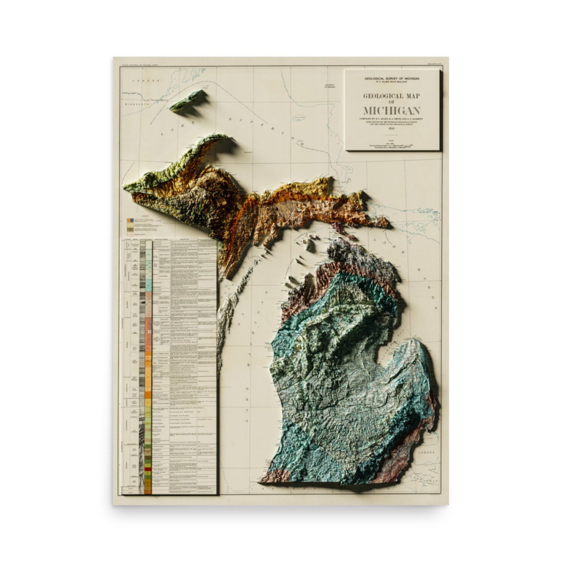 18x24 1916 3D Geologic Map of Michigan - Etsy