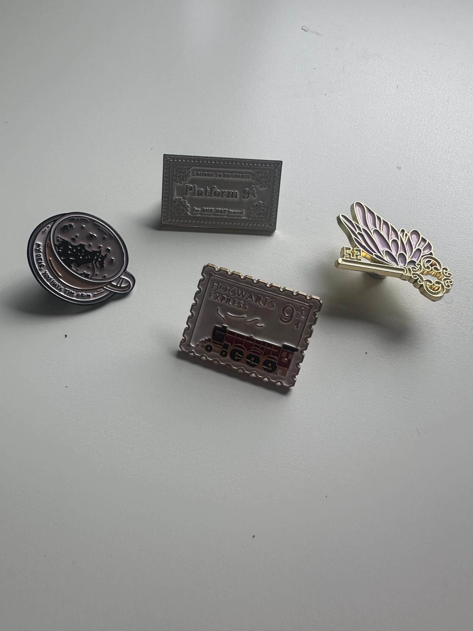 Wizarding Pins – Flying Key, Train Ticket, Post Stamp, Grim Teacup ...