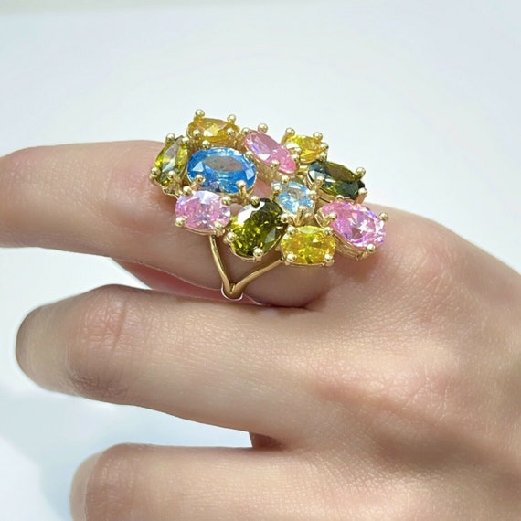 14k Gold Italian Vintage Multi-Cluster Gemstone Ring … - Gem