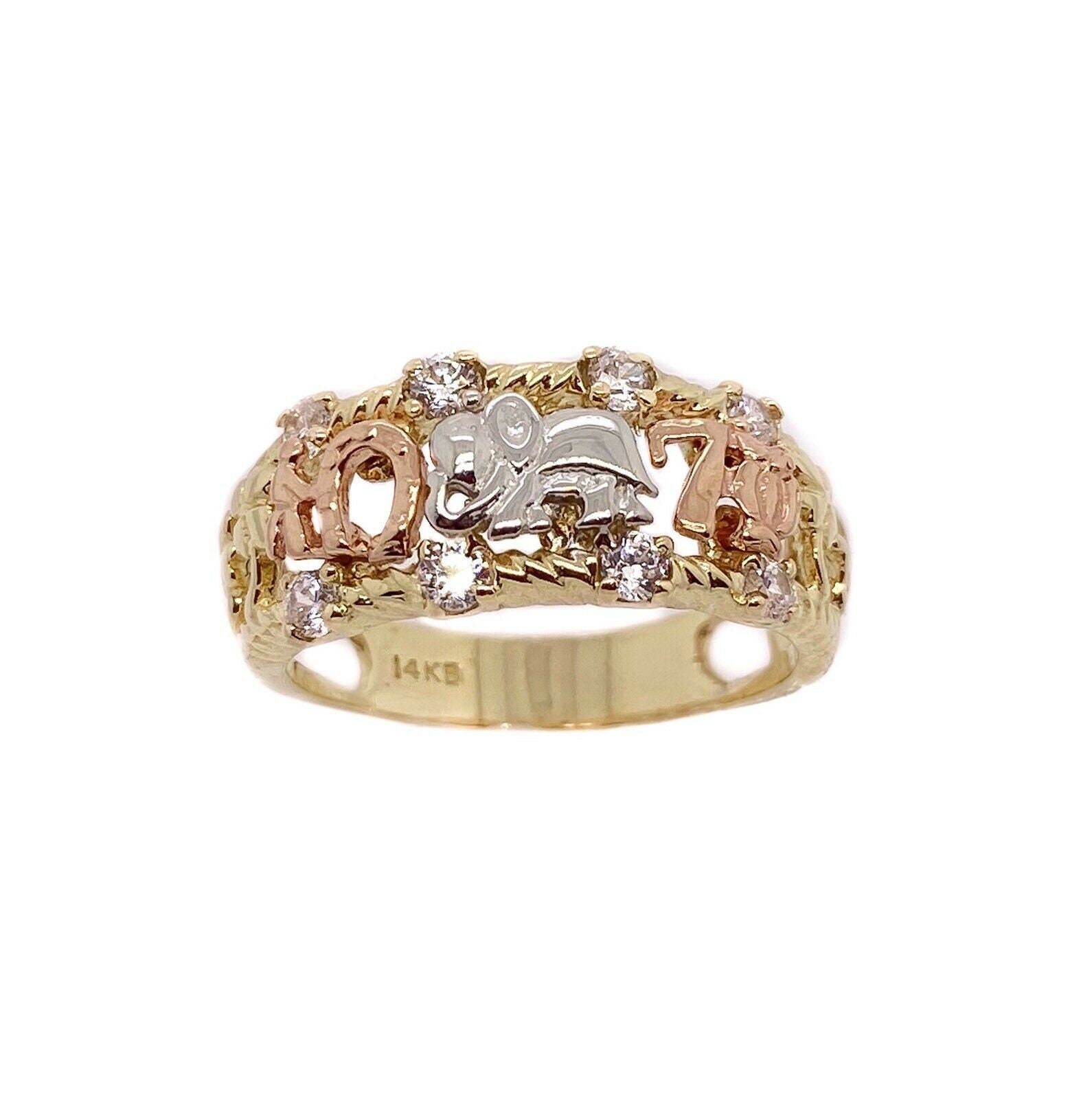 14K Gold Tri-color CZ Authentic Lucky Charm Ring With Elephant, Hearts ...