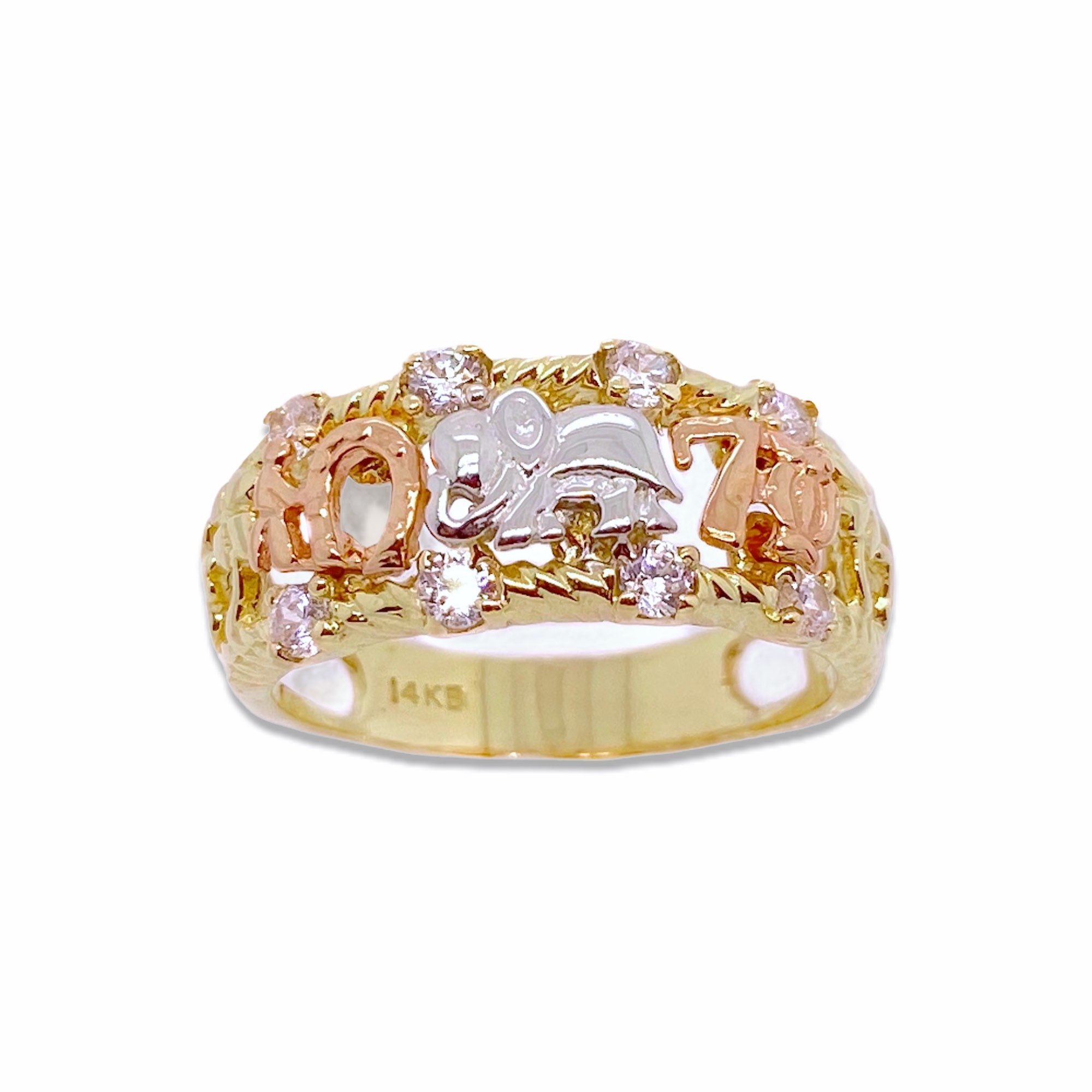 14K Gold Tri-color CZ Authentic Lucky Charm Ring With Elephant, Hearts ...