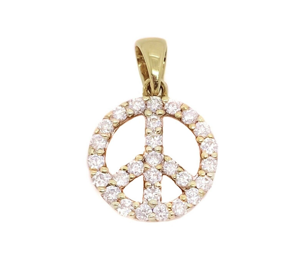 18k Yellow Gold REAL Diamond Peace Sign Pendant 28 Round Diamonds 0.20 ...