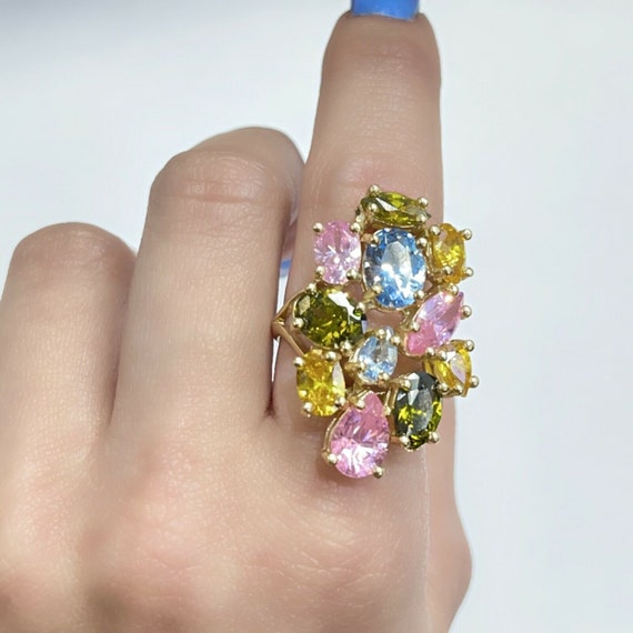 14k Gold Italian Vintage Multi-Cluster Gemstone Ring … - Gem