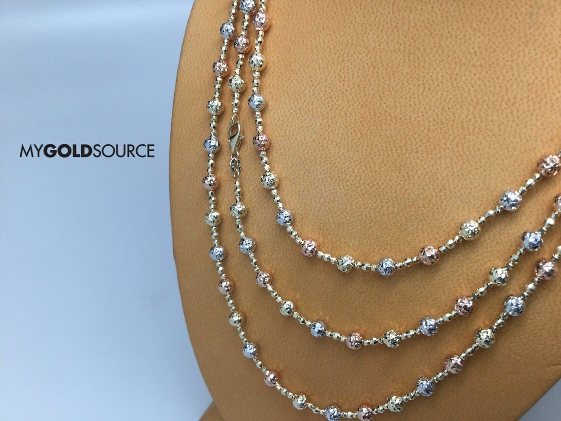 14k Gold Necklace Hollow Tri-color Candy Sparkle Bead Chain 16-20 ...