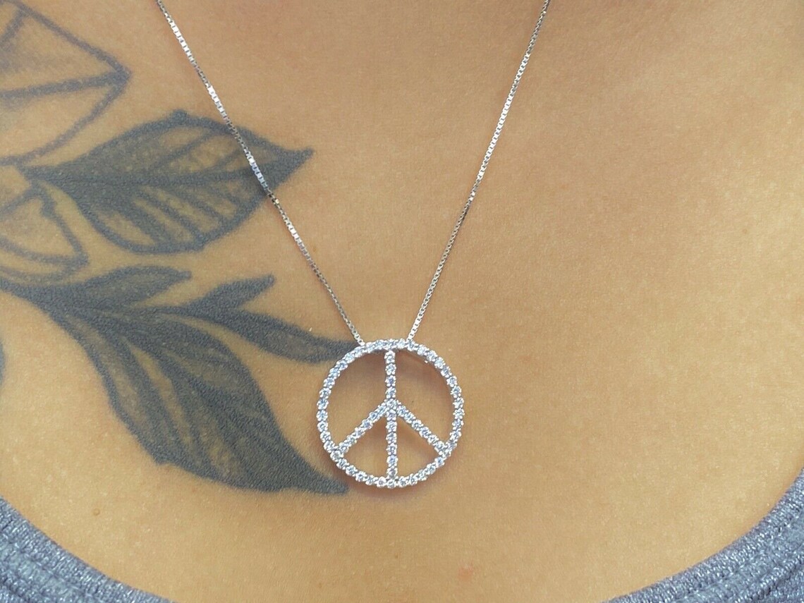 18k White Gold Diamond Peace Sign Pendant 63 Round Diamonds 0.65 Carat ...