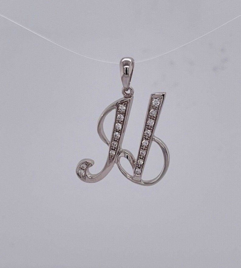18k White Gold Cursive Letter "h" Diamond Pendant 0.12 Carat 16 Round ...