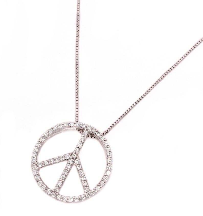 18k White Gold Diamond Peace Sign Pendant 63 Round Diamonds 0.65 Carat ...