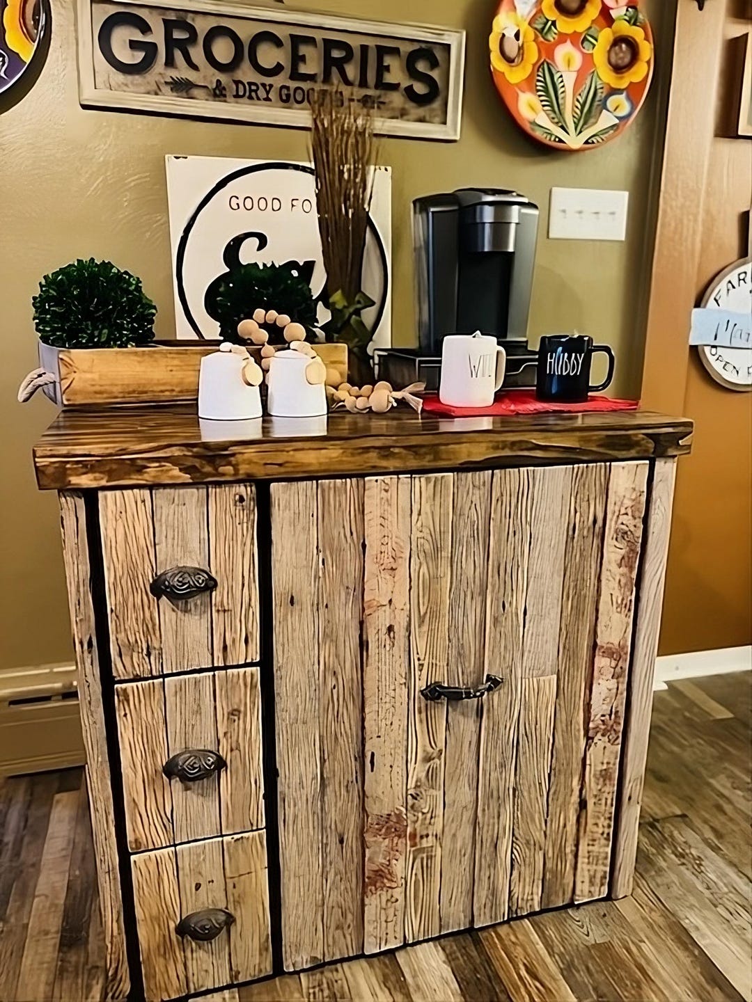 Reclaimed Wood Double Trash Can Cabinet: Rustic Coffee Bar & Wine Bar ...