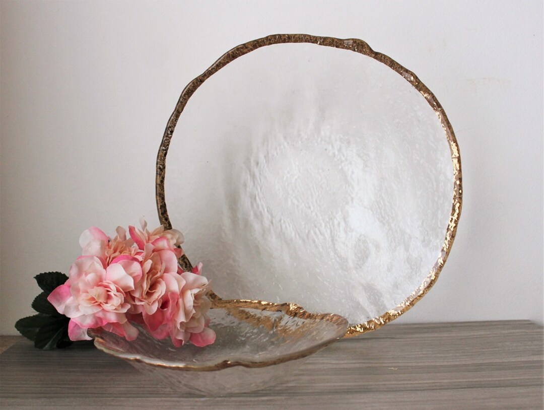 Large Artisan Glass Bowl 2 Piece Set Centerpiece Clear With Metallic ...