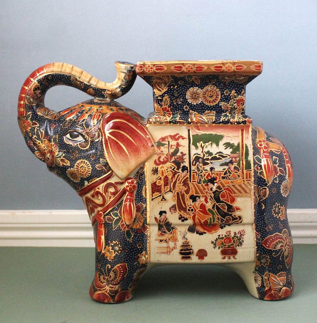 Elephant Stool Tabletop Statue, Satsuma Style, Hand Painted Multi Color ...