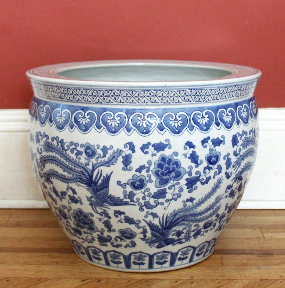 Large Floor Planter 12.5 Tall X 16 Wide Asian Blue & White Cachepot ...