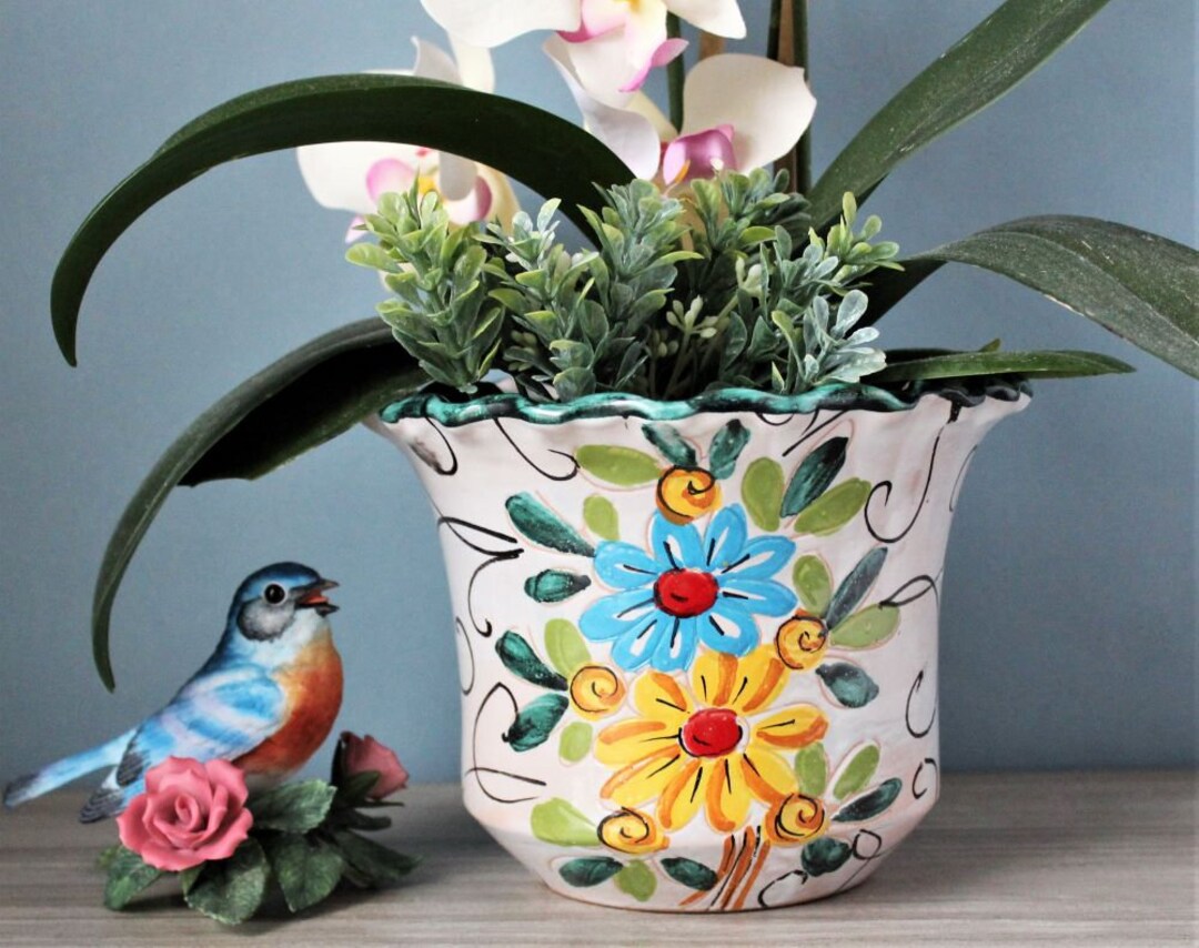Planter Flowerpot, Hand Painted Porcelain Ceramic, Scallop Rim ...