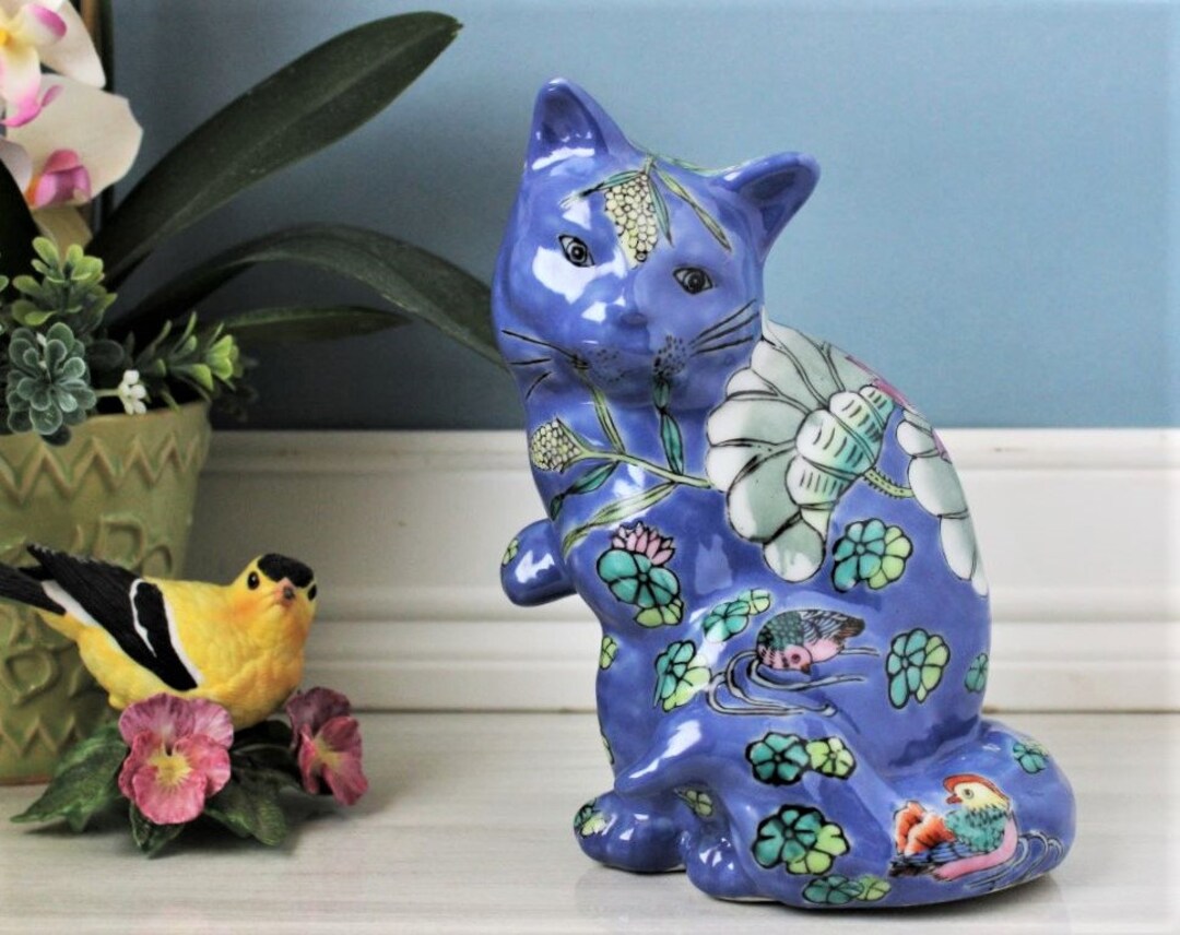 Asian Cat Figurine Hand Painted Blue Kitten Statue Ceramic Porcelain ...