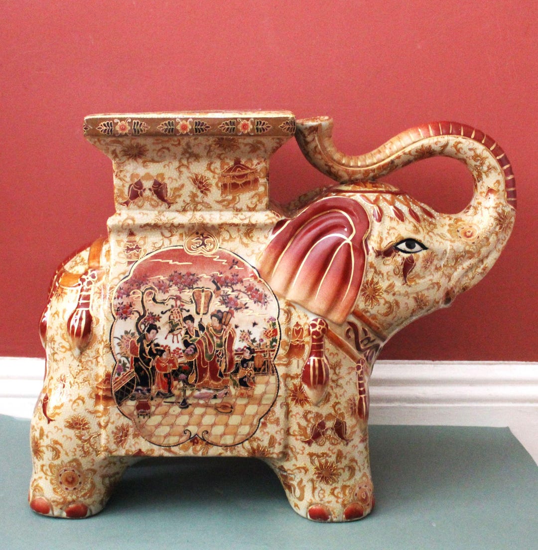 Large Elephant Stool: 15"x19" Satsuma-style Hand-decorated Ceramic ...