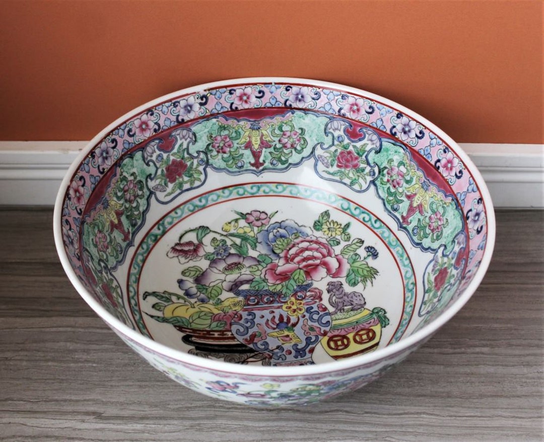 Large Chinese Bowl 12 Wide Rose Medallion Rose Famille Porcelain Hand ...