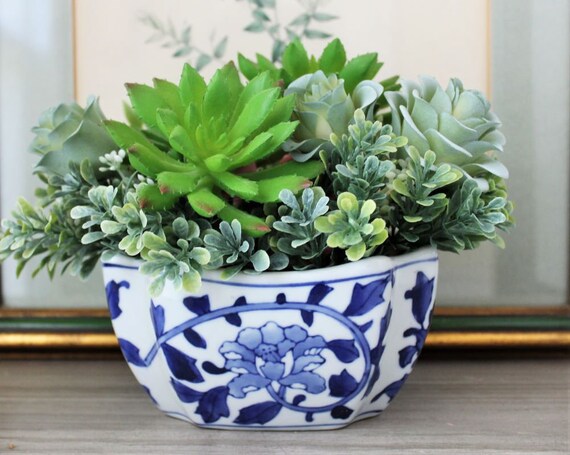 Planter Asian Cache Pot Blue & White Ceramic Porcelain Bonsai - Etsy