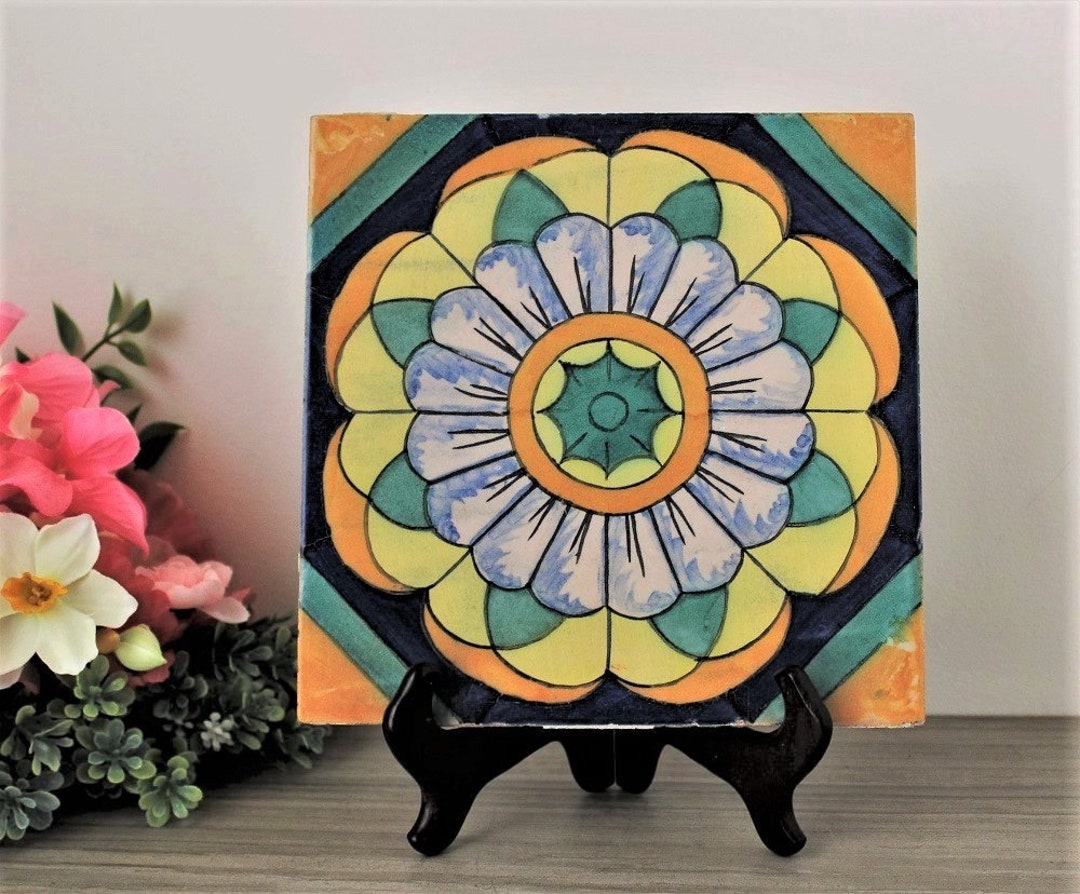 Large Ceramic Tile 8x8 & Wood Stand Spanish Colonial Pottery Talavera ...