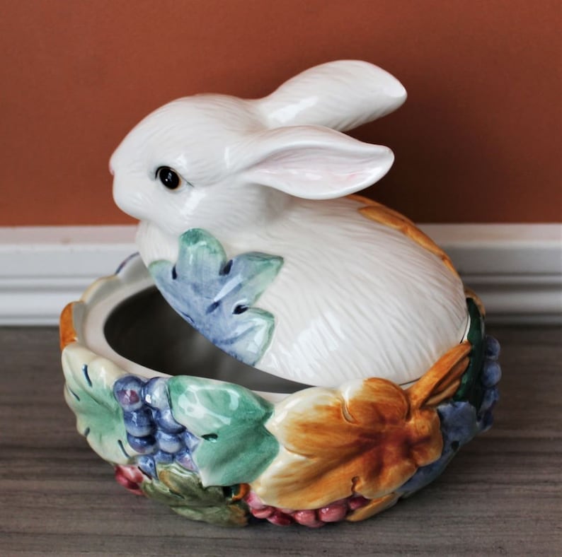 FITZ AND FLOYD Bunny Rabbit Lidded Dish W/ Leaves & Fruits - Etsy