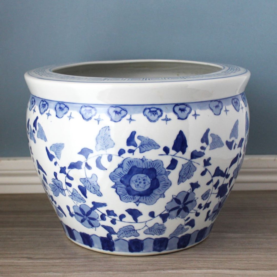 Large Asian Planter Blue & White 7.5 X 10 Cachepot Porcelain Ceramic ...