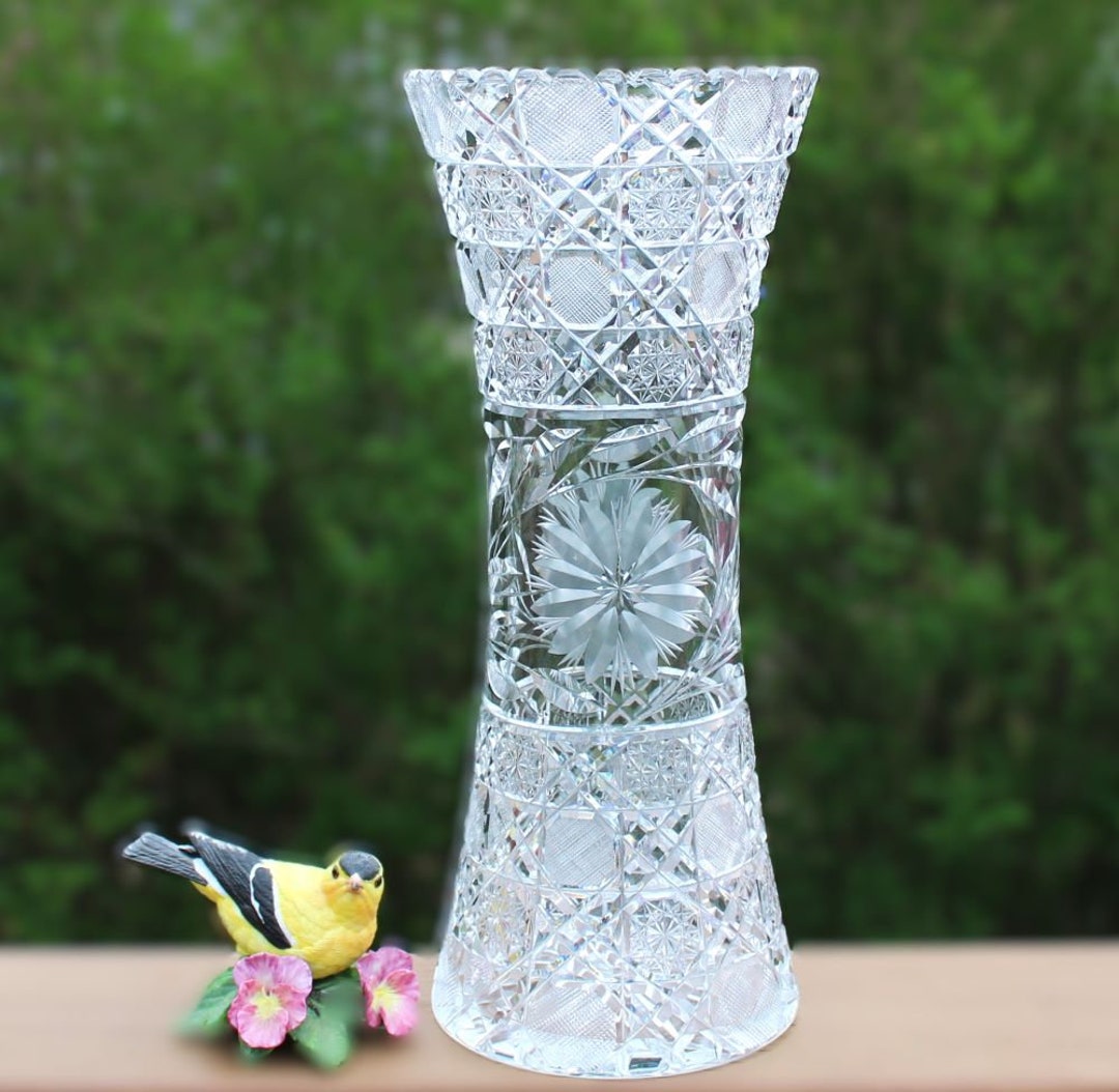 Large Crystal Vase 14 Tall Cut Crystal Etched Sawtooth Rim Floral ...