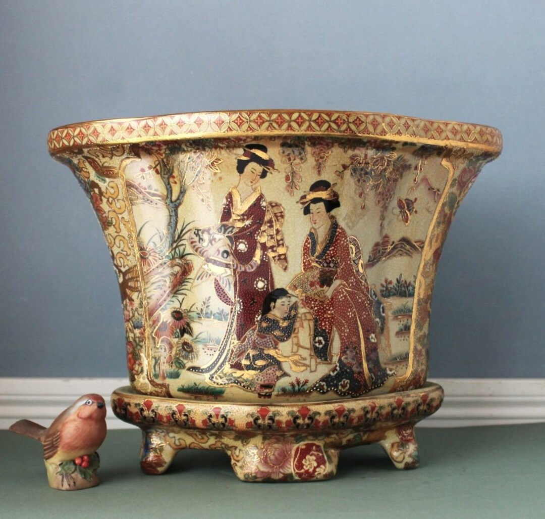 Large Satsuma Style Planter W/ Drainage, Footed Tray Asian Japanese ...