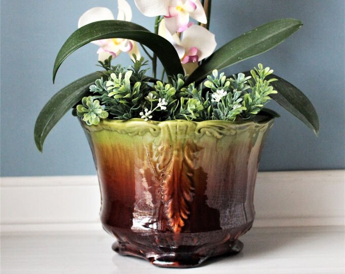 Planter Cachepot Majolica Pottery Vintage Ceramic Flowerpot Embossed ...
