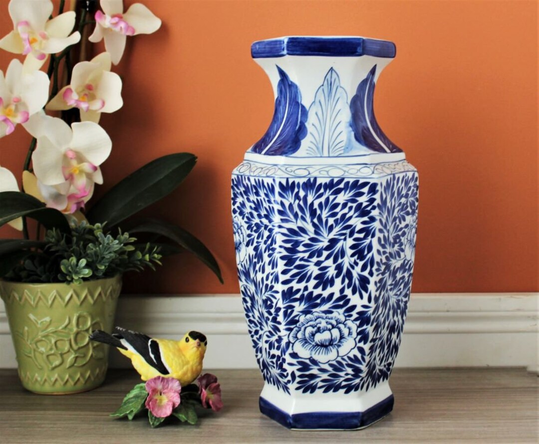 Large Asian Vase Chinese 12" Tall Hexagon Classic Blue & White Ceramic ...