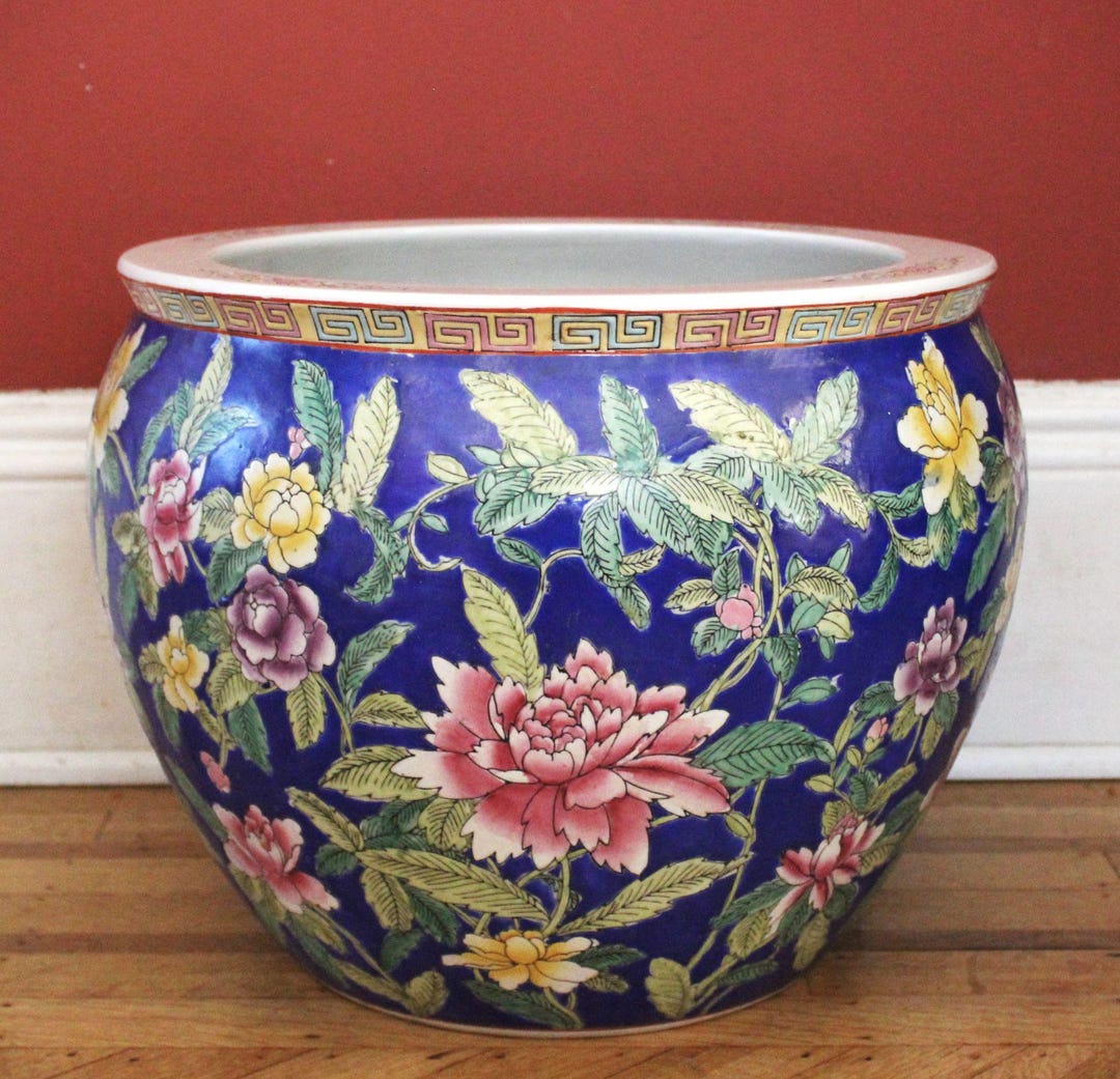 Floor Planter Large, 12x16 Asian Koi Fishbowl, Hand Painted Porcelain ...