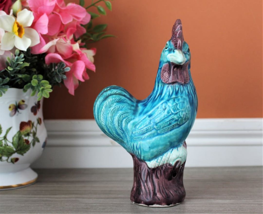 Vintage Ceramic Turquoise Rooster Figurine: Farmhouse Kitchen Decor - Etsy
