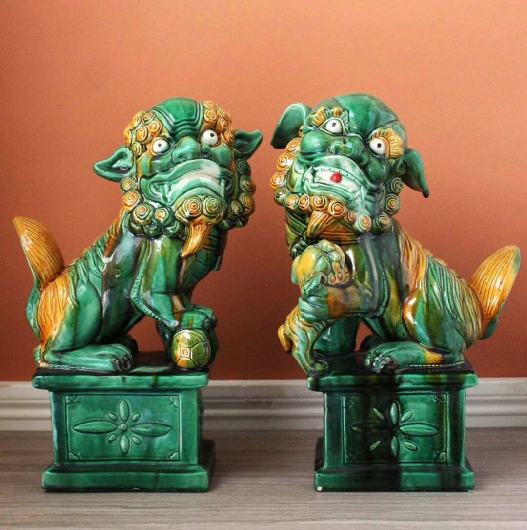 Large Chinese Foo Dog Pair Figurine 13.5 Tall Ceramic Green Guardian ...