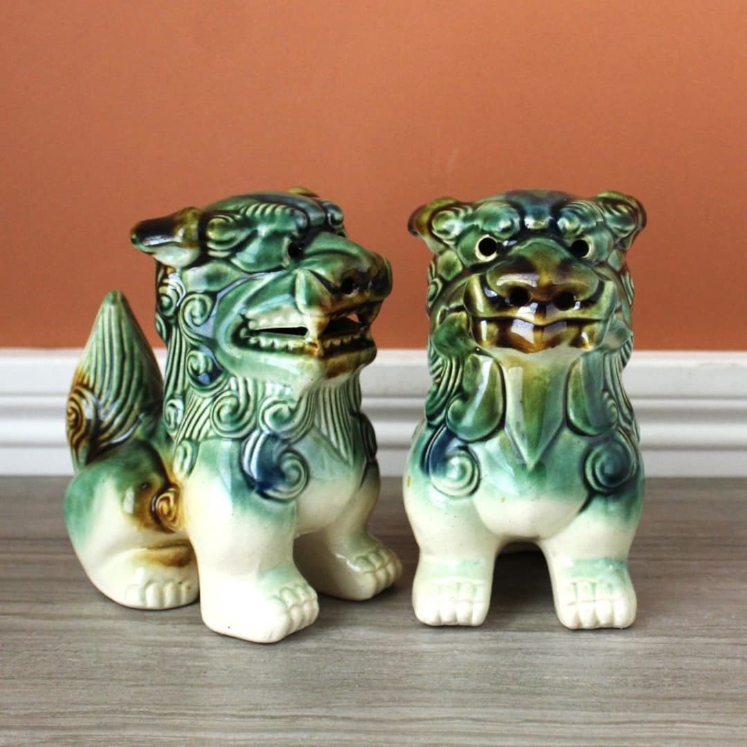 Chinese Foo Dog Figurine Pair Ceramic Green & Blue Guardian Shi-shi Lion Colorful Fu Dog Set of ...