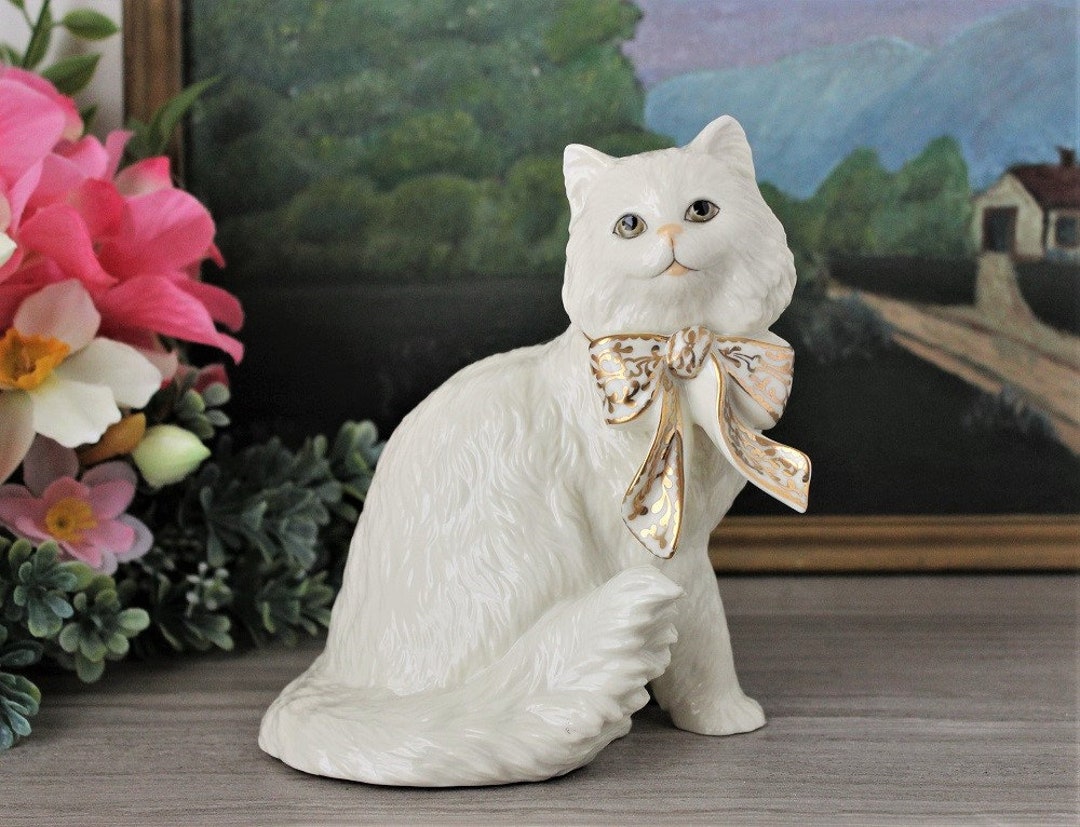 LENOX Cat Figurine Sitting Pretty Porcelain Kitten Bow Ivory White Gold ...