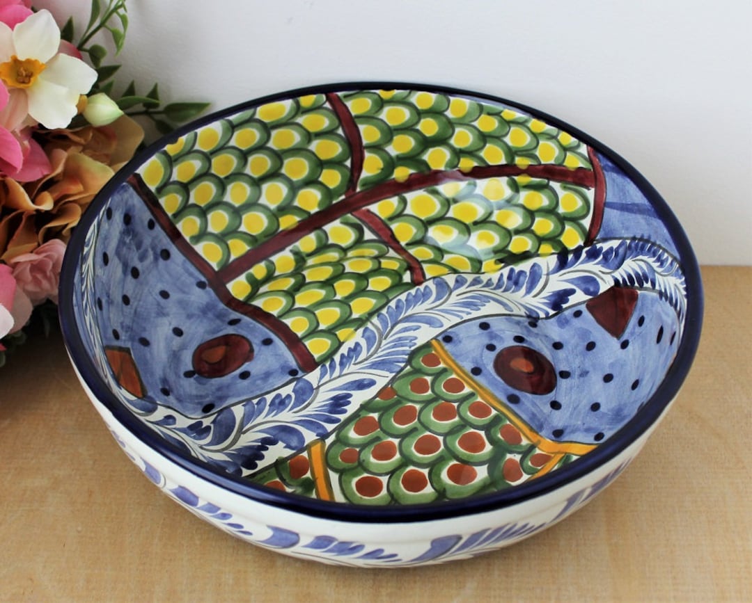 Mexican Bowl Double Fish Motif Hand Painted Made in Mexico Artisan ...