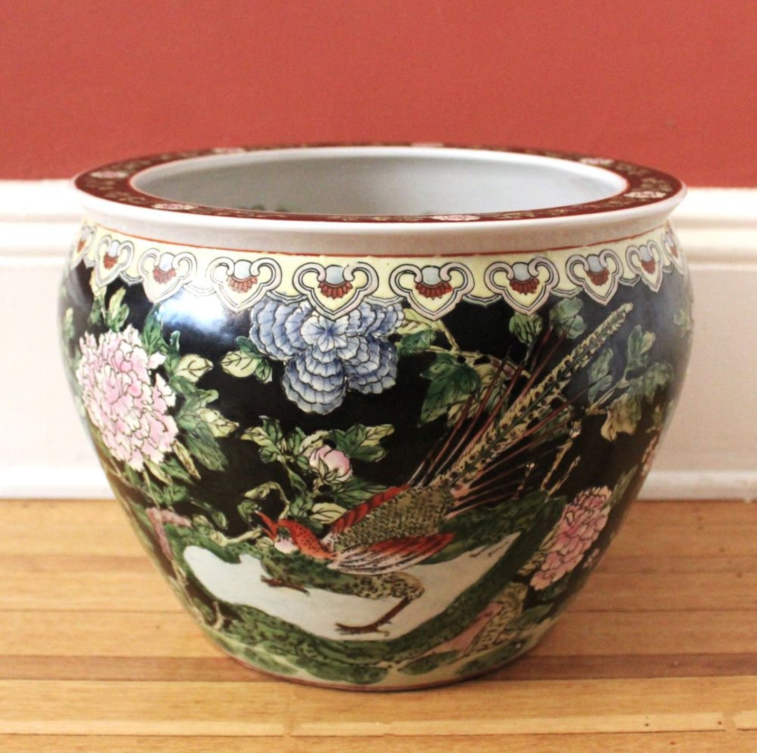 Large Floor Planter Asian Koi Fish Bowl 13 Wide Porcelain Hand Painted ...