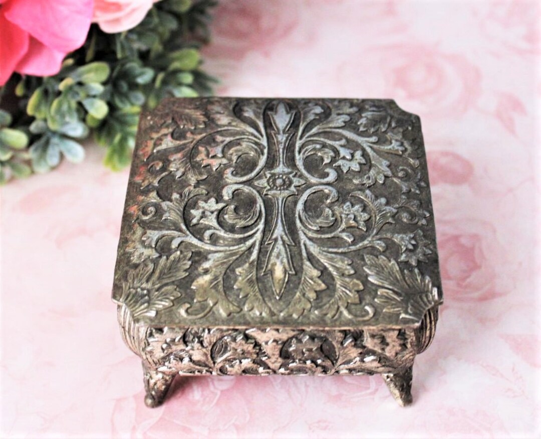 Metal Box Hinged Lid Footed Small Square Silver Plated Patina - Etsy