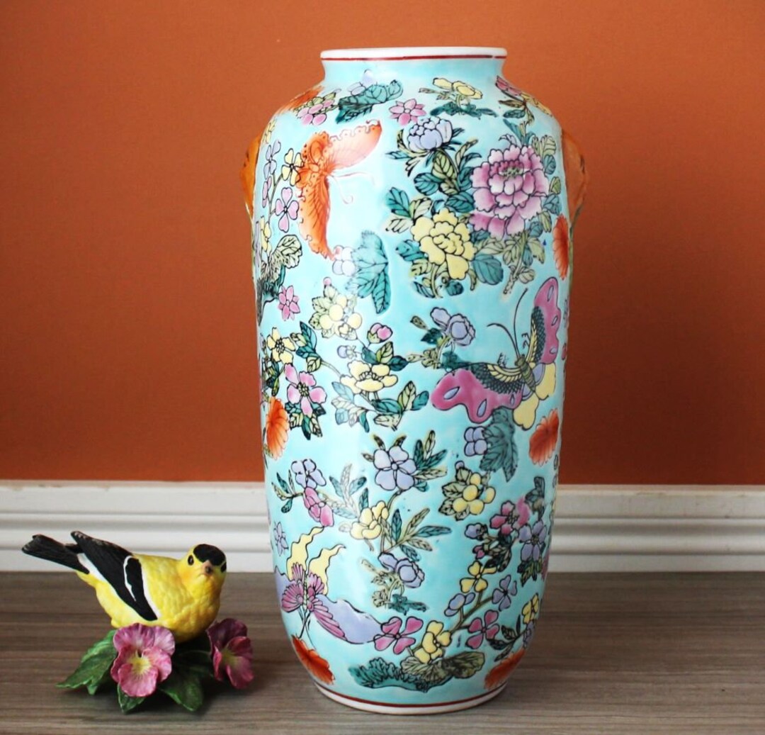 Large Asian Vase 12 Tall Hand Painted Vessel Ceramic Porcelain Turquoise Blue Chinoiseries ...