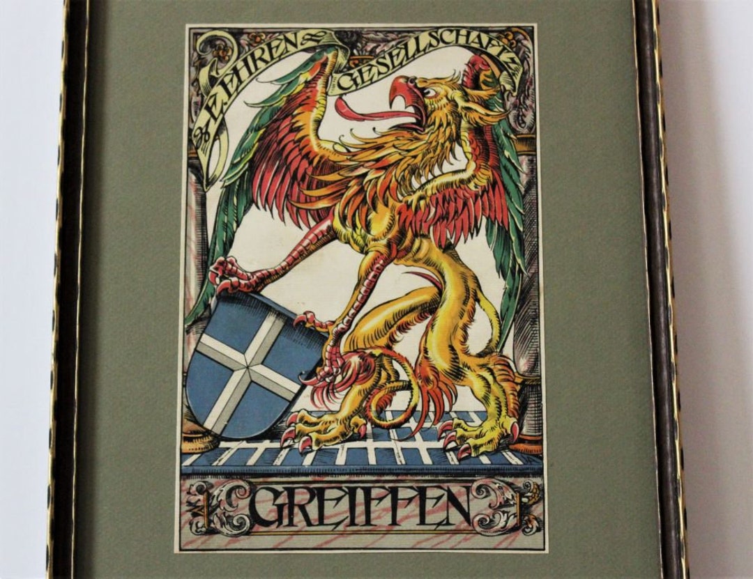 Authentic Griffin Lithograph Color Etching, Framed Print W/ Shield ...