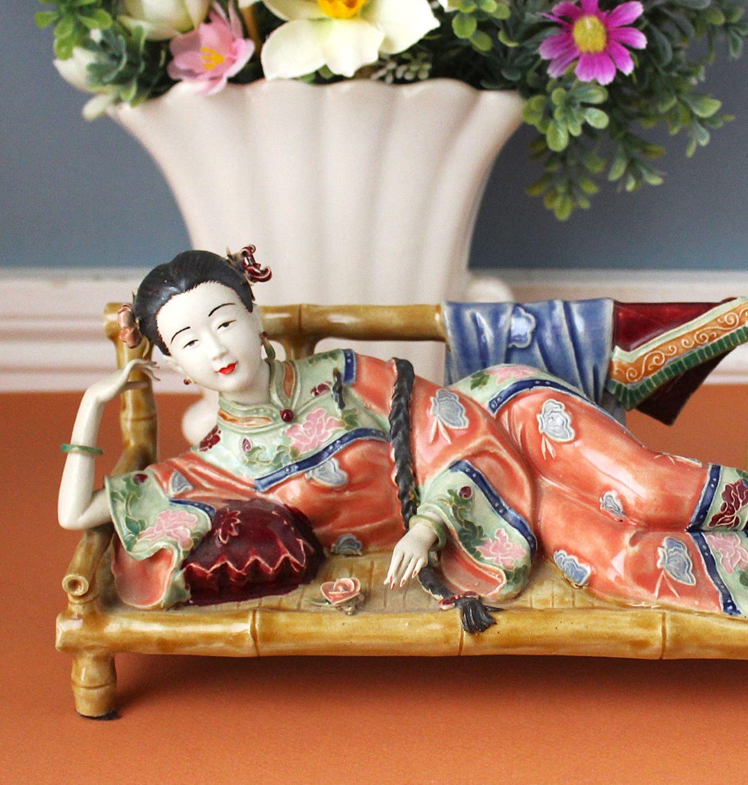 Chinese Shiwan Figurine, Hand Painted, Reclining on Bamboo Bench ...