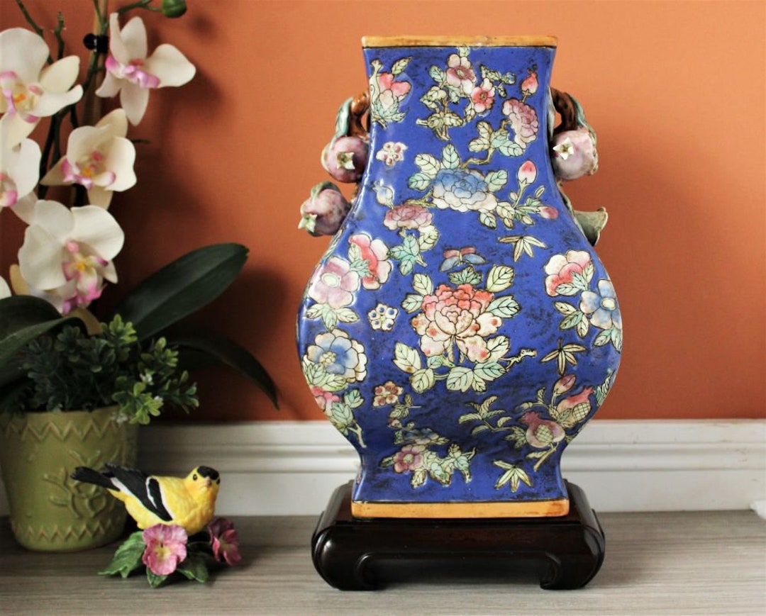 Large Asian Vase W/ Stand Antique 12 Tall Qing Dynasty Vessel Hand ...