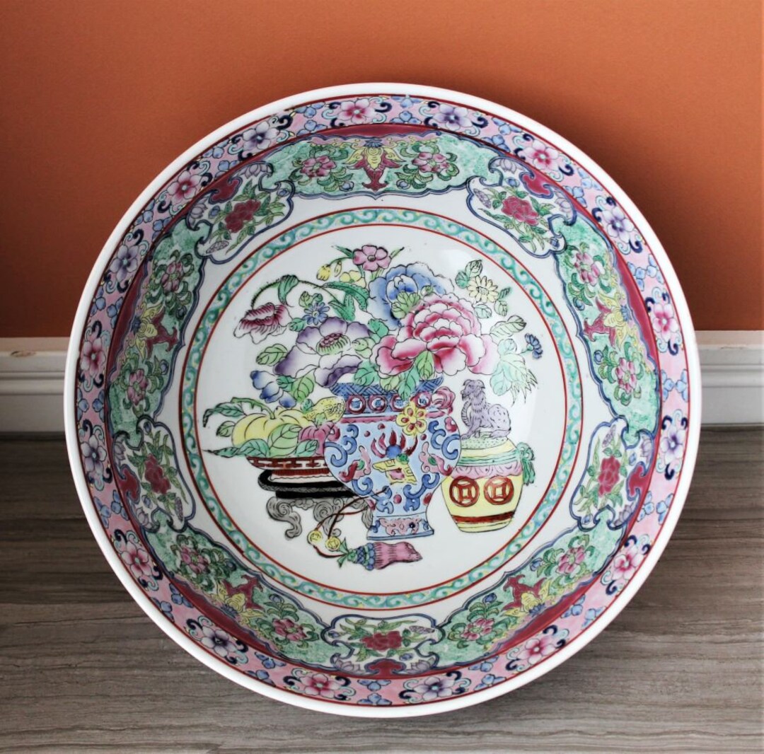 Large Chinese Bowl 12 Wide Rose Medallion Rose Famille Porcelain Hand ...