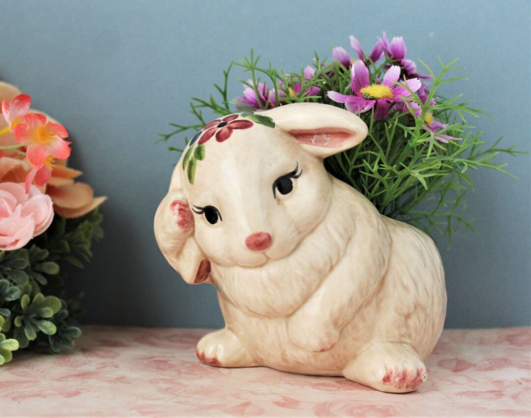 White Rabbit Ceramic Planter Hand Painted Cache Pot Vintage - Etsy